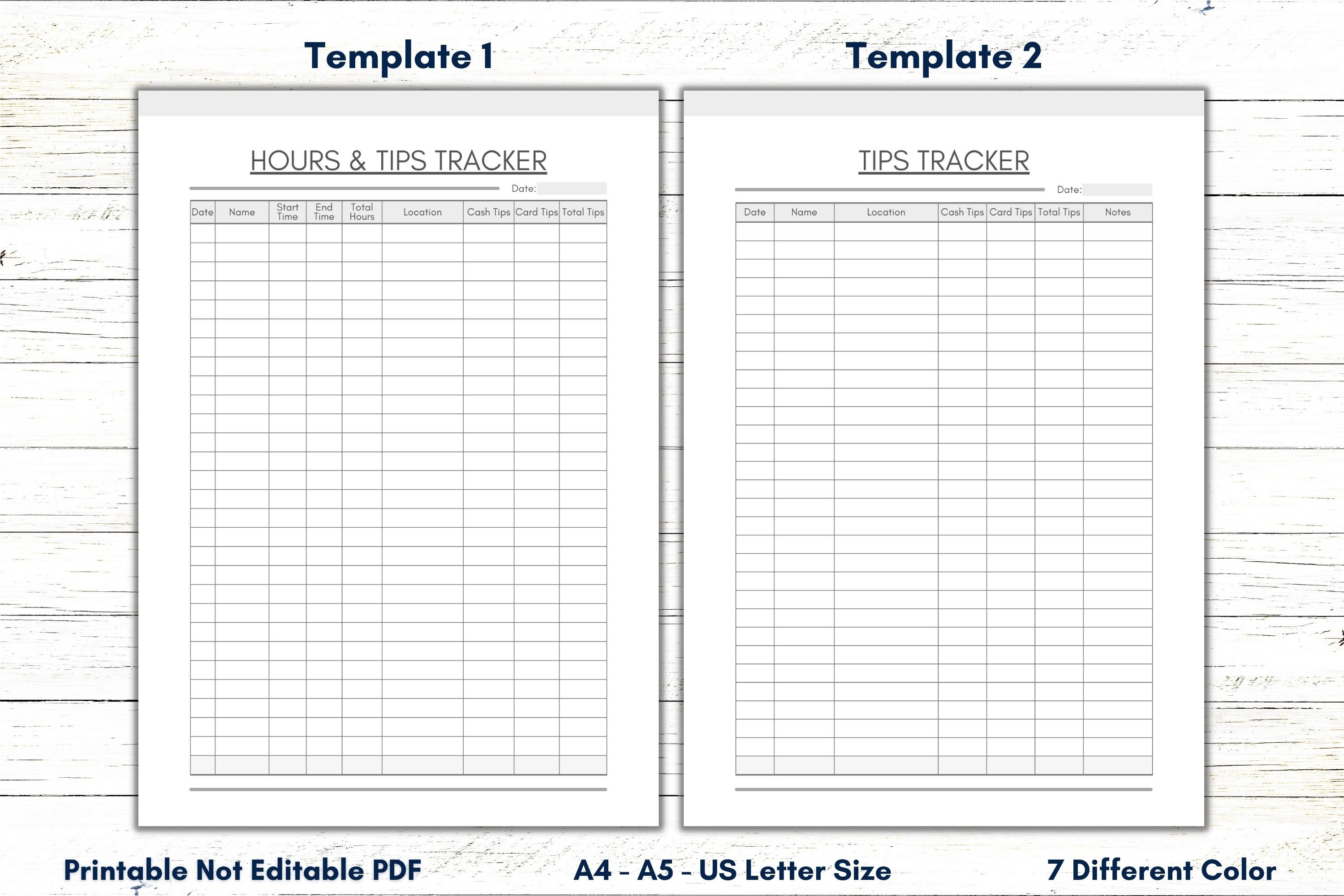 Printable Hours and Tips Tracker, Cash Tips Tracker, Card Tips Tracker ...