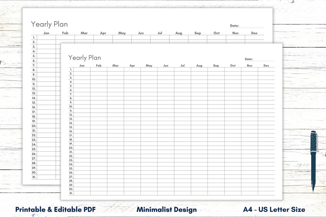 Yearly Planner Printable Editable Yearly Planner Calendar Monthly ...