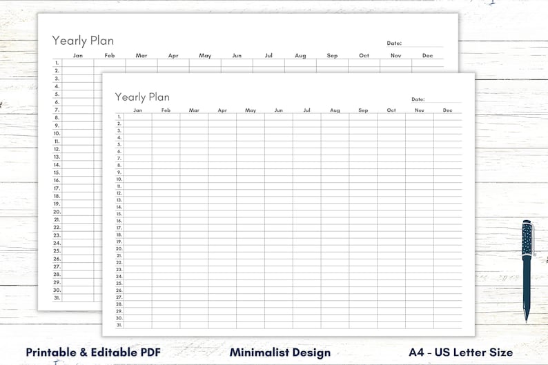 Yearly Planner Printable Editable Yearly Planner Calendar Monthly ...