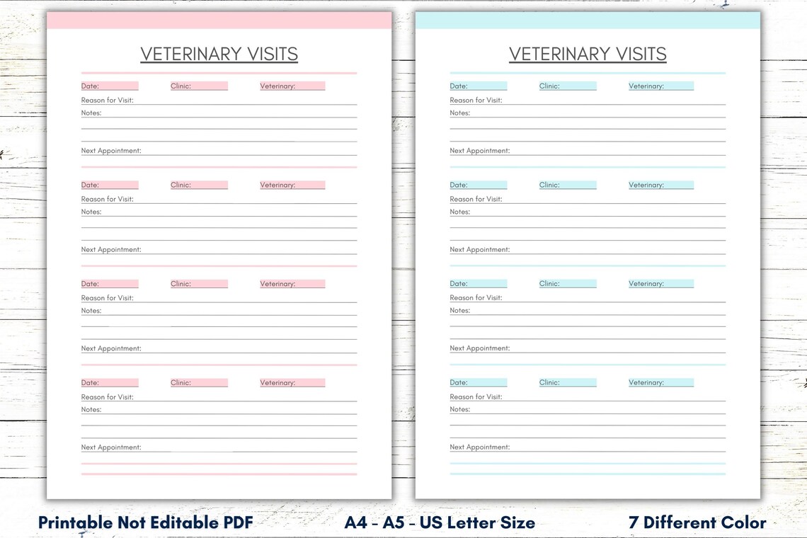 Printable Pet Information Form, PDF Pet Veterinary Visit Tracker, PDF ...