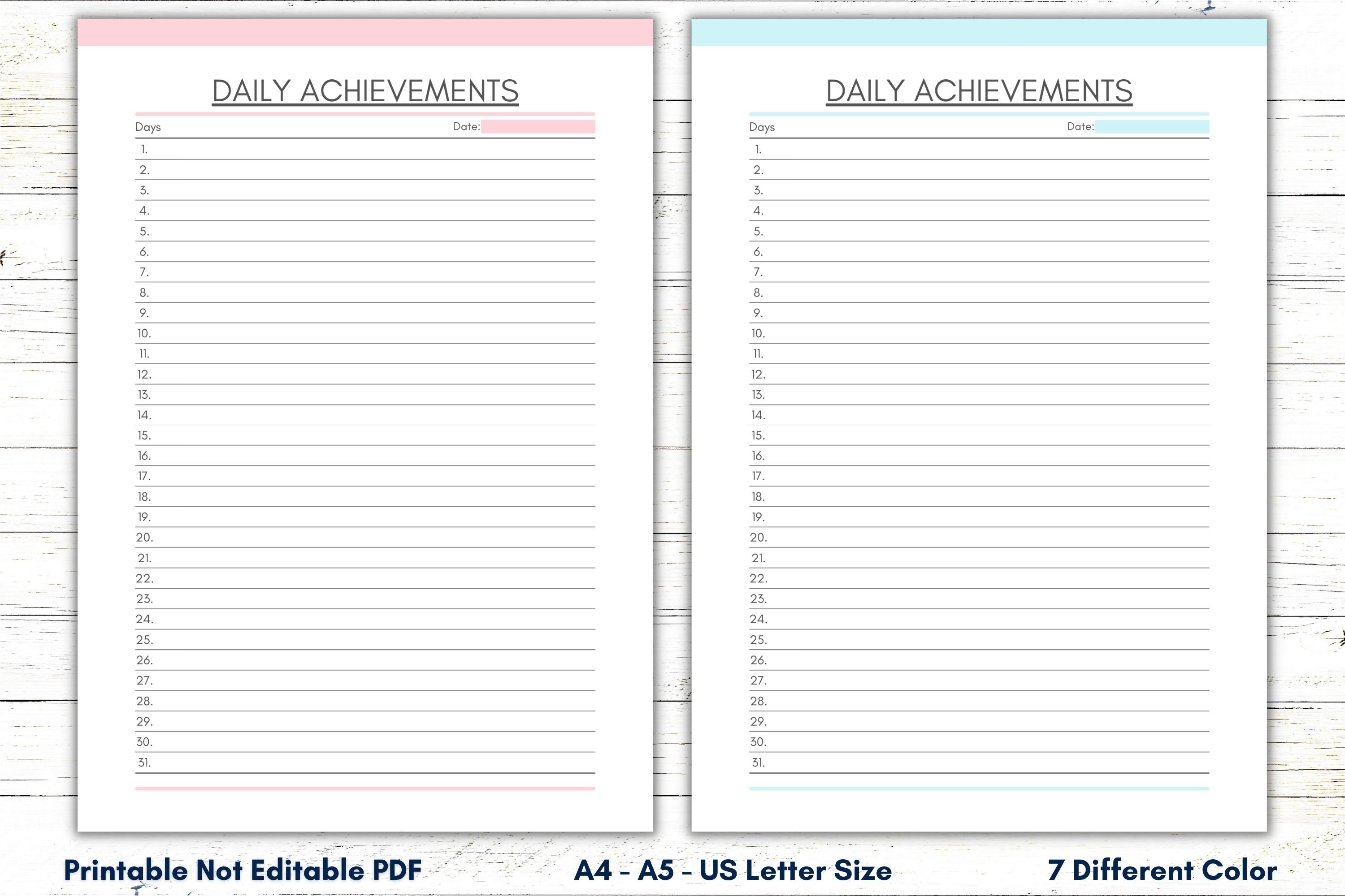Printable Daily Achievements Tracker, Achievements Overview, Daily ...