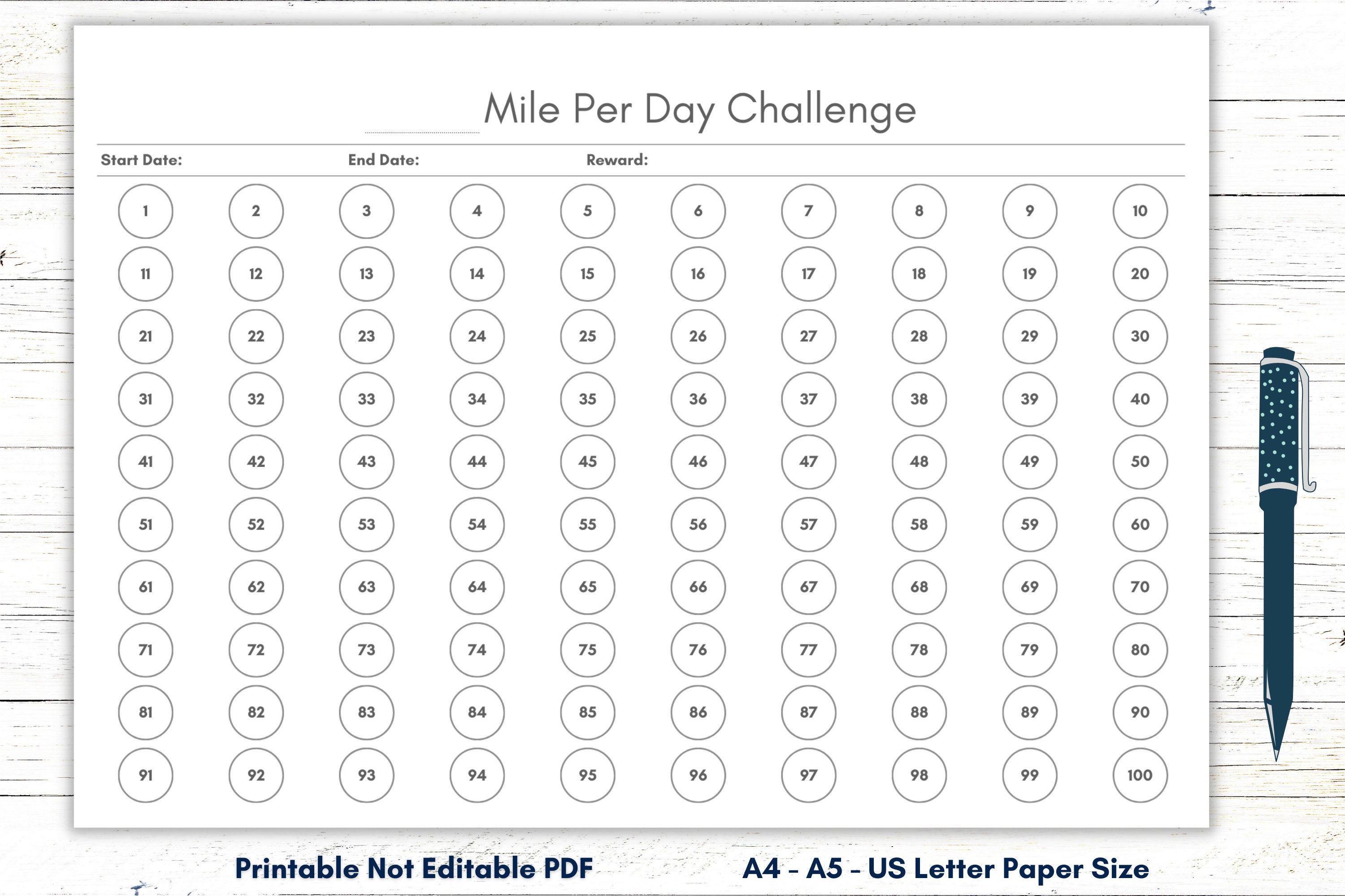 100 Day Running or Walking Challenge Printable Template, 100 Day ...