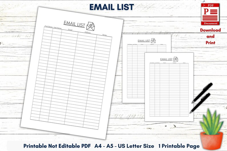 Printable Email List Template Printable Email List Sheet | Etsy