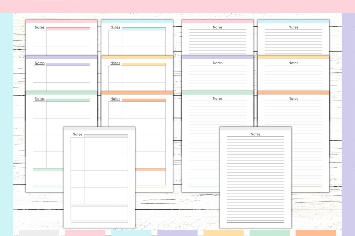 Notes Pages Planner Template Printable, Note Page Sheets, Colored Notes ...