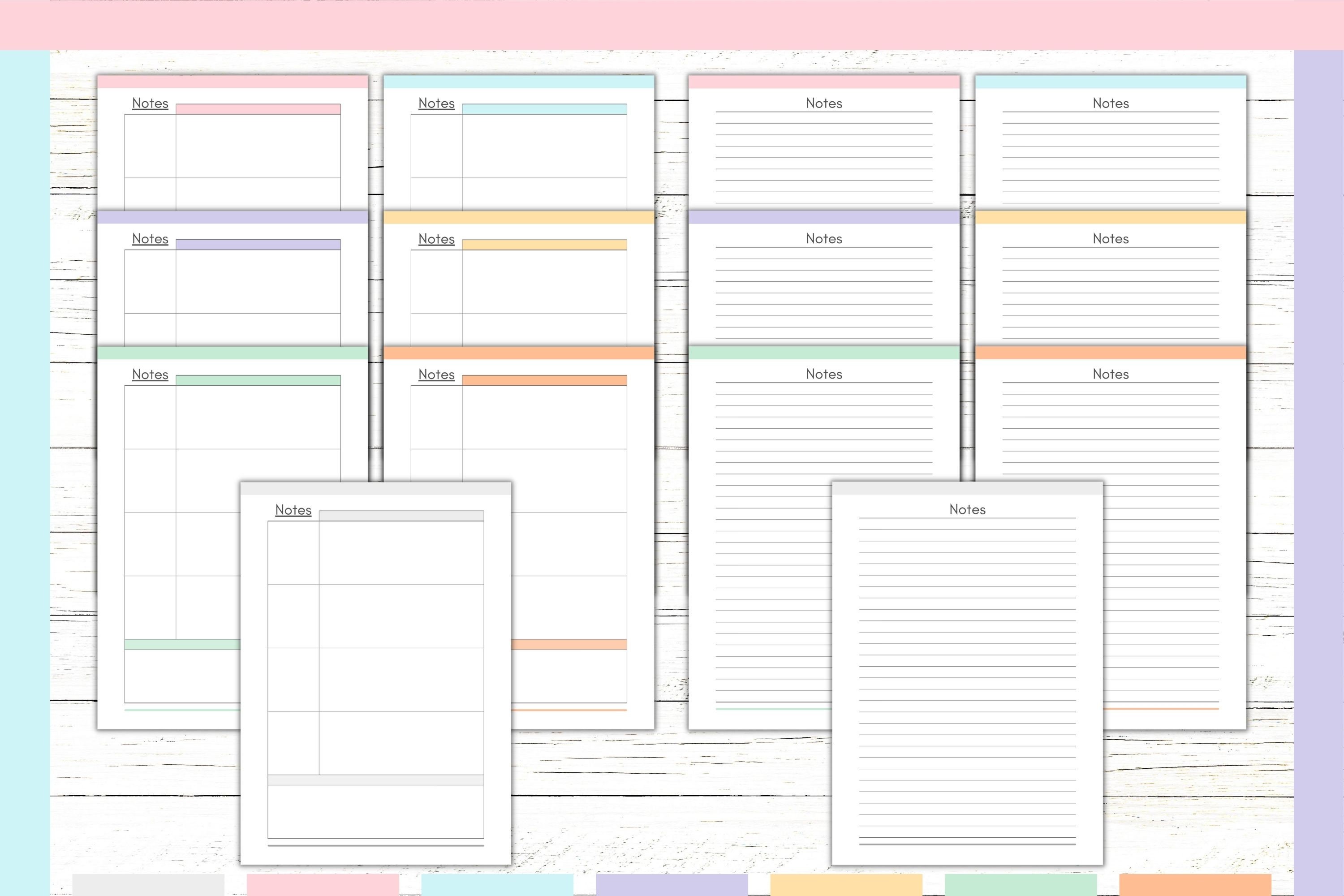 Notes Pages Planner Template Printable, Note Page Sheets, Colored Notes ...