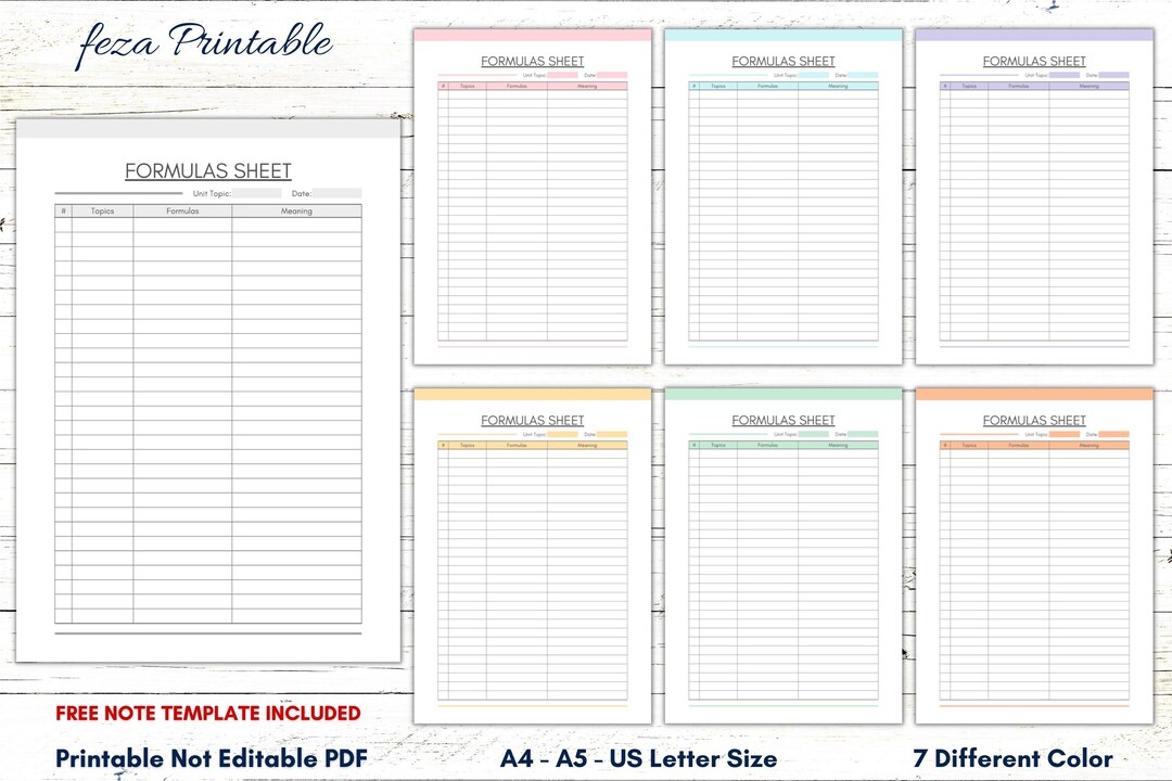 Printable Formulas Sheet Template, Formula Notes Pages, Formulas ...