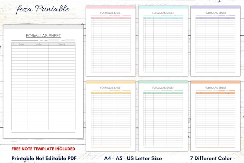 Printable Formulas Sheet Template, Formula Notes Pages, Formulas ...