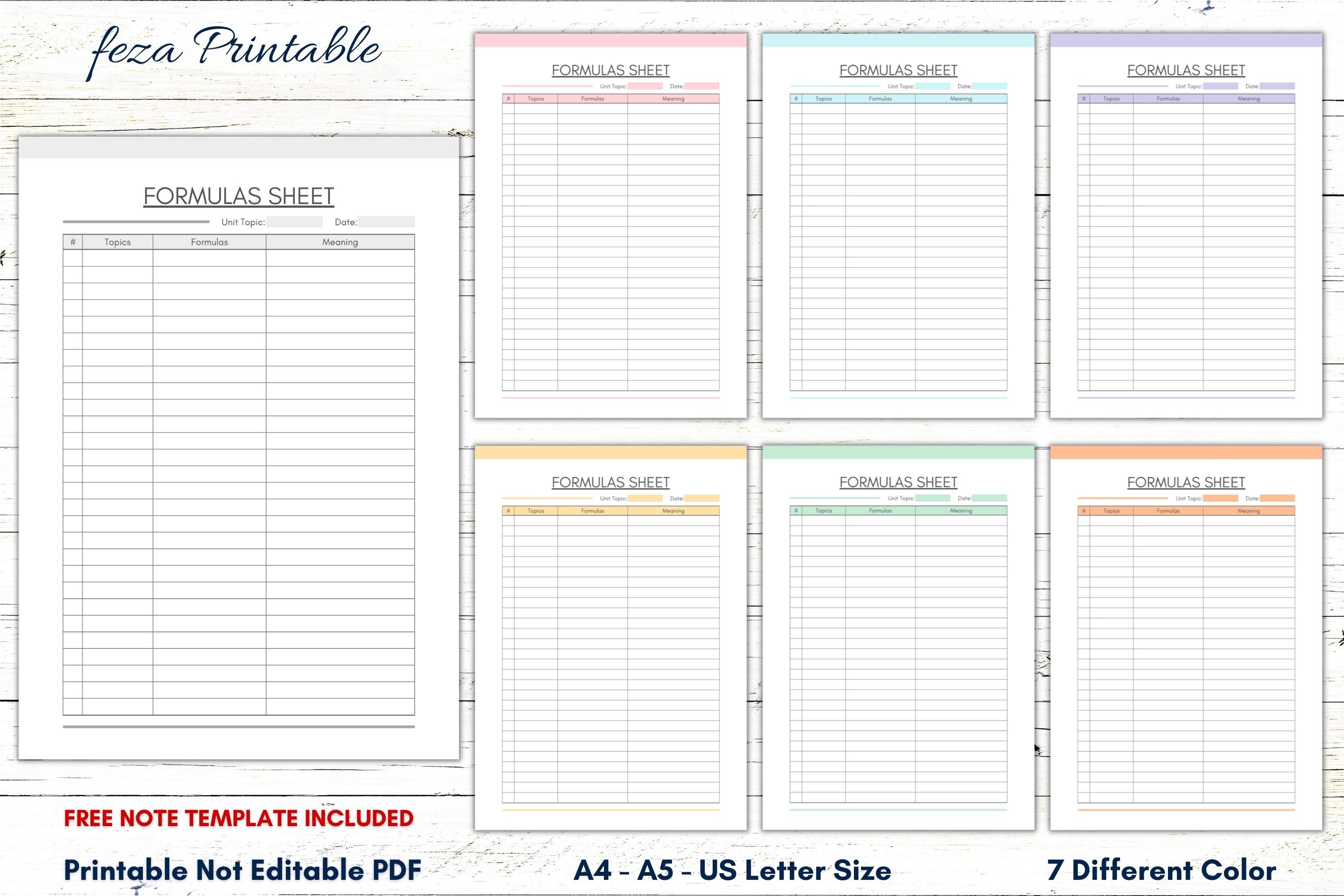 Printable Formulas Sheet Template, Formula Notes Pages, Formulas ...