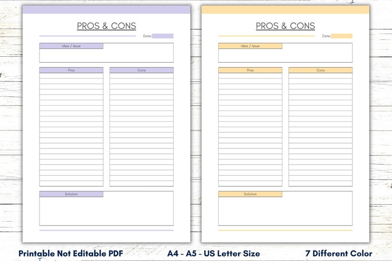 Printable Pros and Cons List, Idea Issue Planner Template, Problem ...