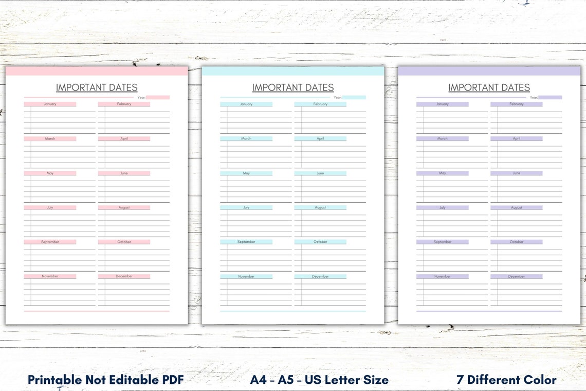 Printable Important Dates Sheet, PDF Important Dates Tracker, PDF Dates ...
