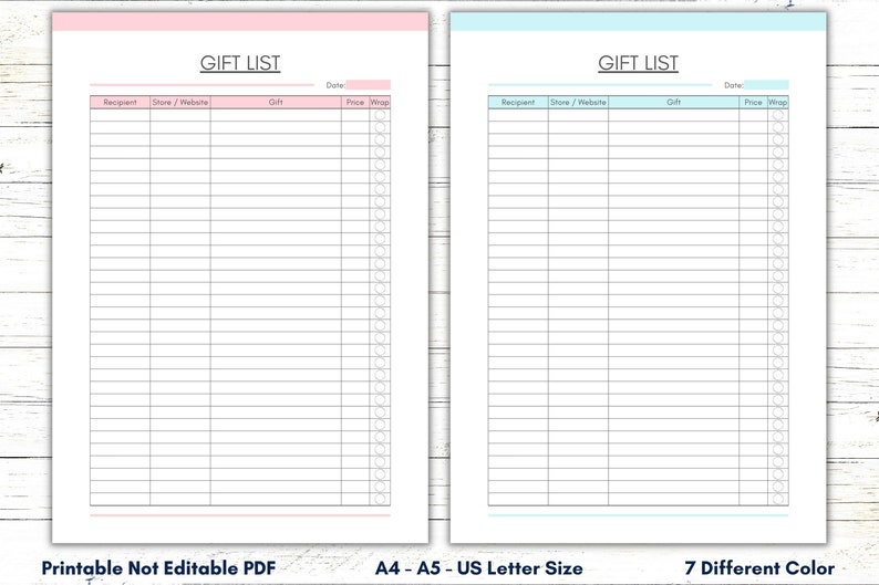 Printable Gift List, Gift List Template, Gift List Sheet, Gift List ...