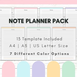 Notes Pages Planner Template Printable, Note Page Sheets, Colored Notes ...
