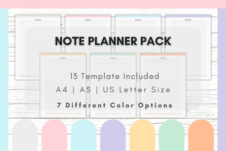Notes Pages Planner Template Printable, Note Page Sheets, Colored Notes ...