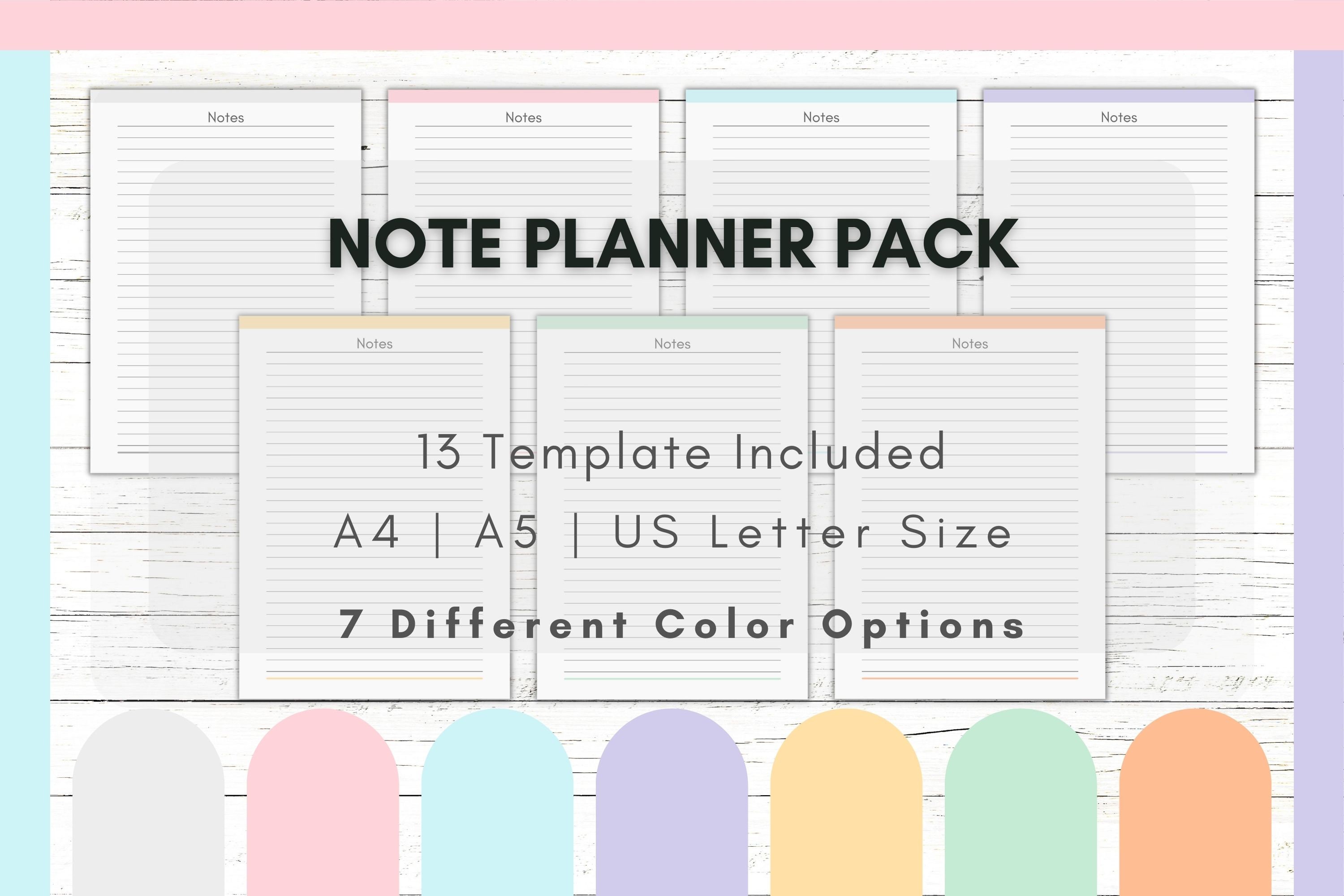 Notes Pages Planner Template Printable, Note Page Sheets, Colored Notes ...
