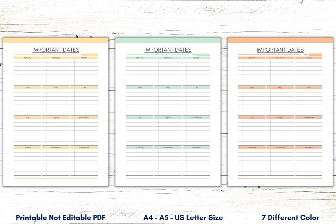 Printable Important Dates Sheet, PDF Important Dates Tracker, PDF Dates ...