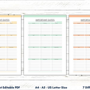 Printable Important Dates Sheet, PDF Important Dates Tracker, PDF Dates ...