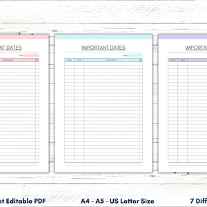 Printable Important Dates Sheet, PDF Important Dates Tracker, PDF Dates ...