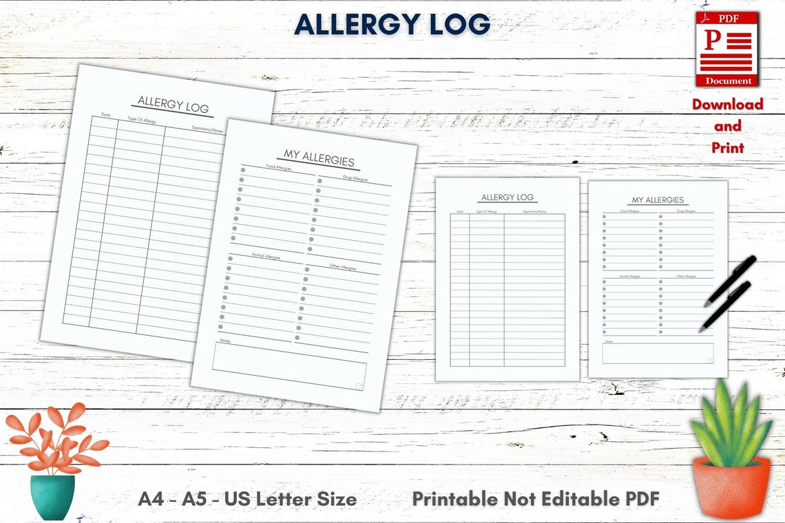 Printable Allergy Log Printable Allergy Tracker Allergic | Etsy