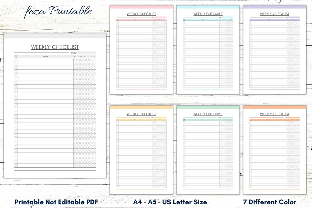 Printable Weekly Checklist, Weekly Tasks List, Weekly Organizer, PDF ...