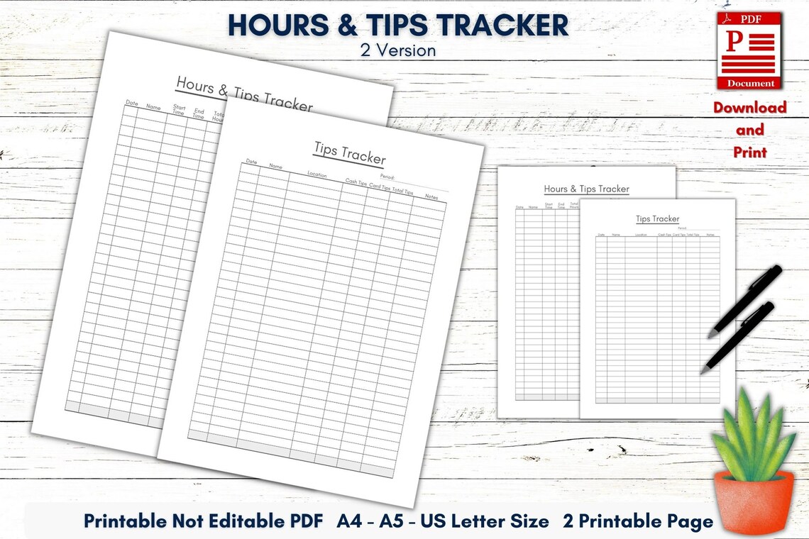 Printable Hours and Tips Tracker Cash Tips Tracker Card Tips | Etsy