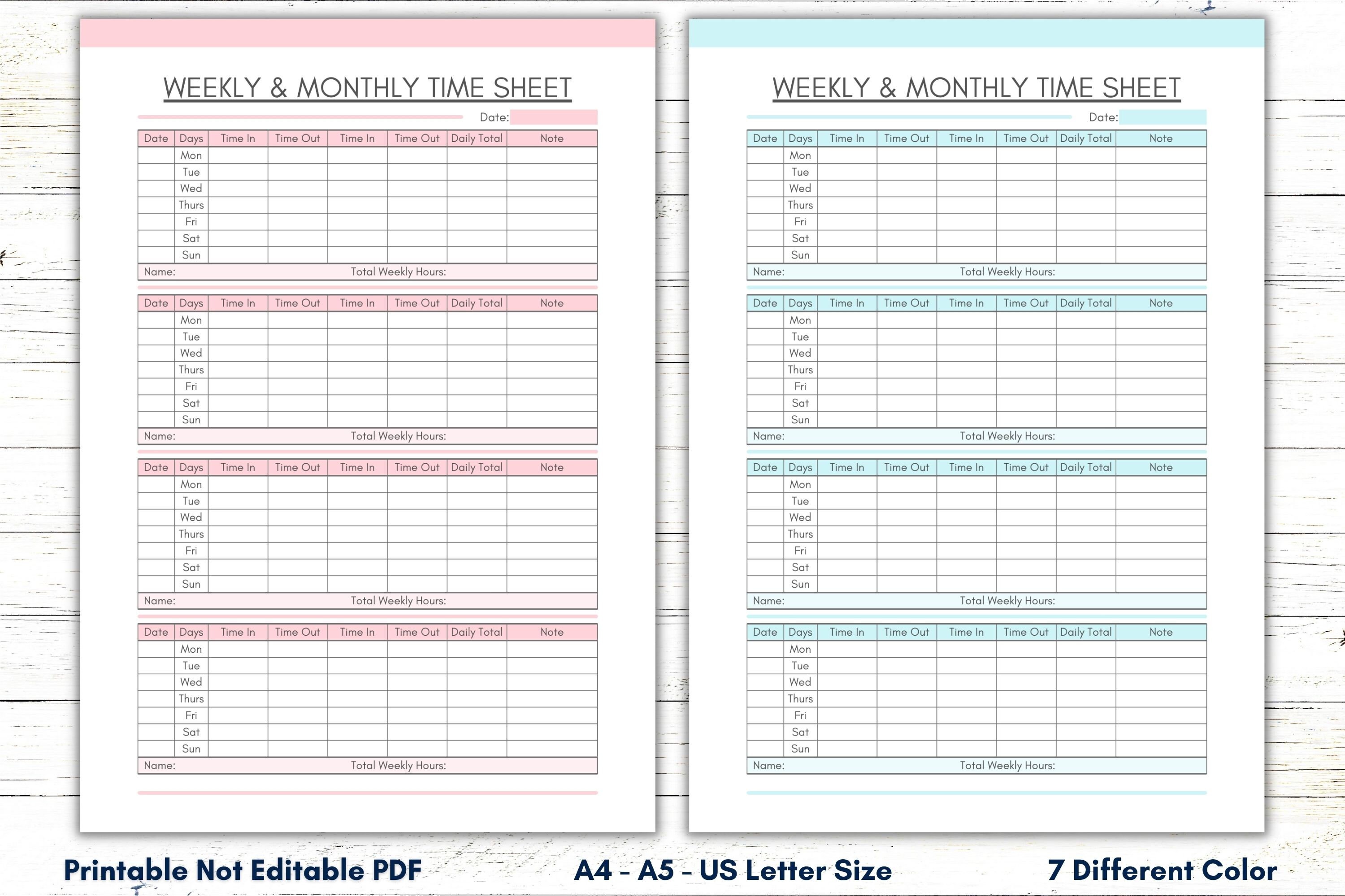 Printable Time Sheet, Weekly and Monthly Time Sheet, Employee Time in ...