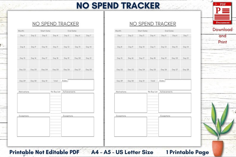 Printable No Spend Tracker Printable No Spend Challenge | Etsy