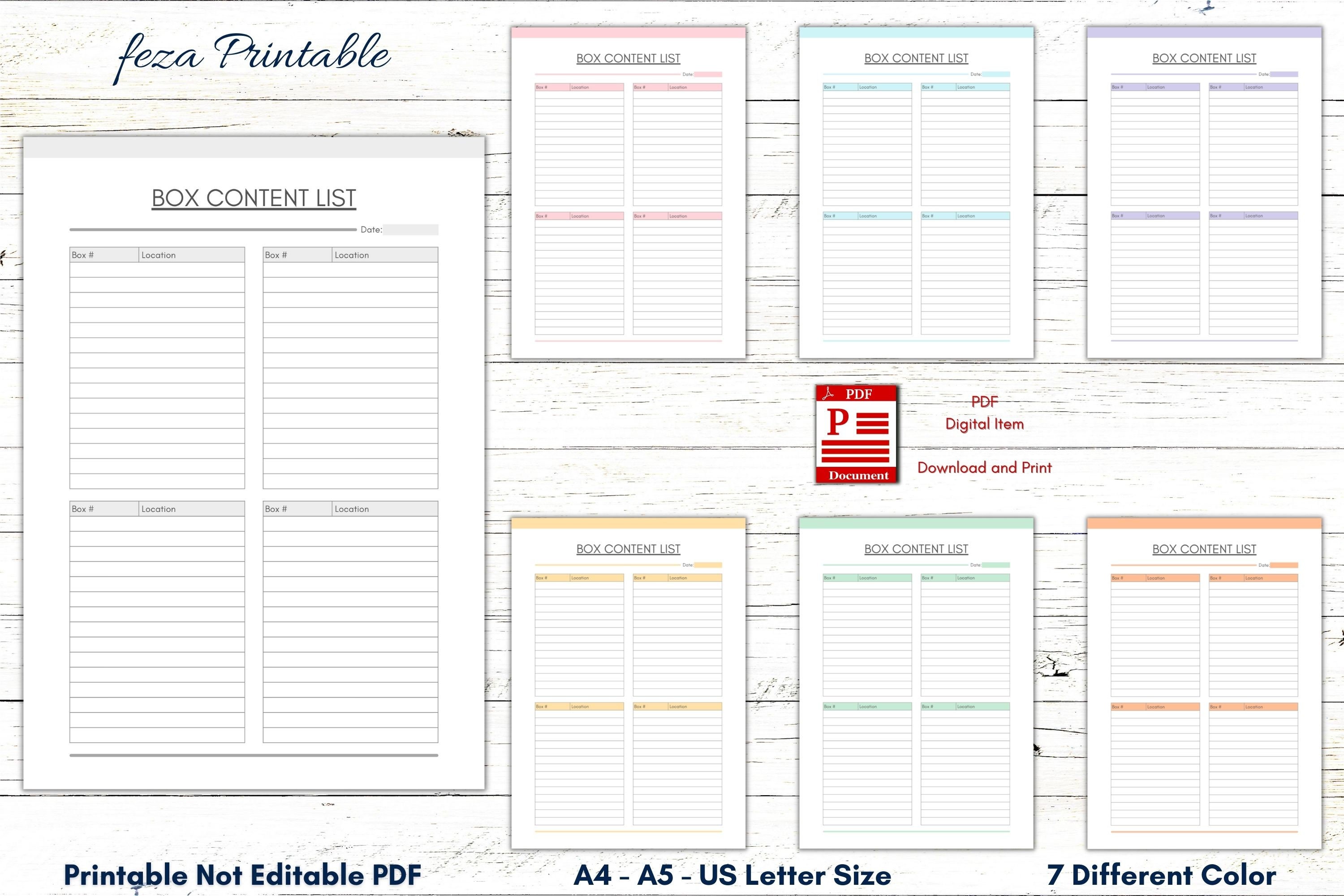 Box Content List Template Printable, Moving Process Plan, Moving ...
