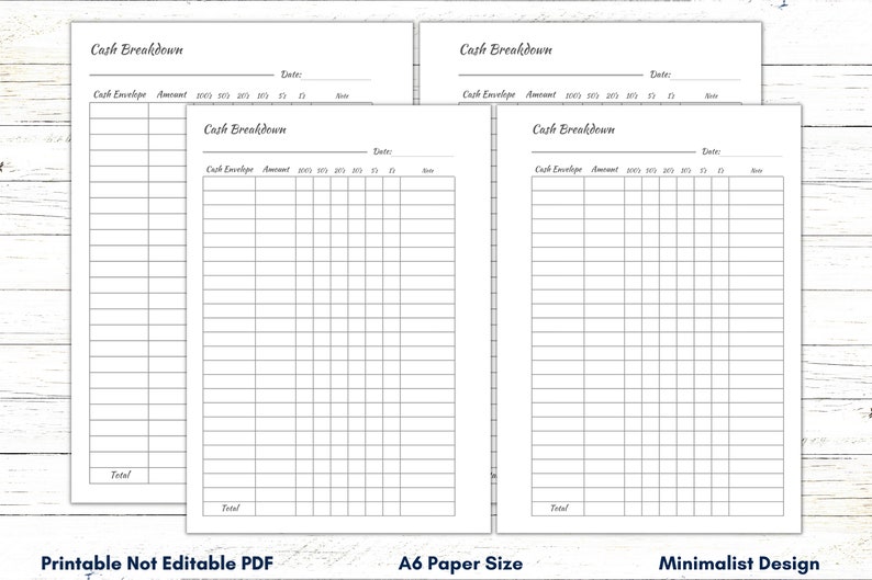 A6 Cash Breakdown Printable, Cash Breakdown Sheet, Money Breakdown ...
