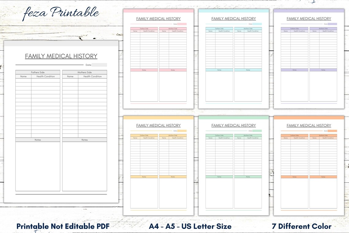 Printable Family Medical History Sheet Template, Medical Binder Insert ...
