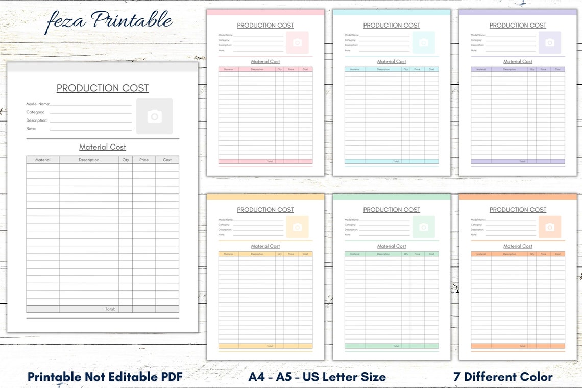 Printable Production Cost Template, Printable Material Cost, Printable ...
