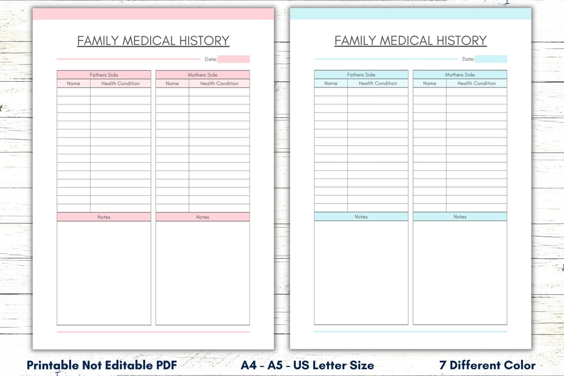 Printable Family Medical History Sheet Template, Medical Binder Insert ...