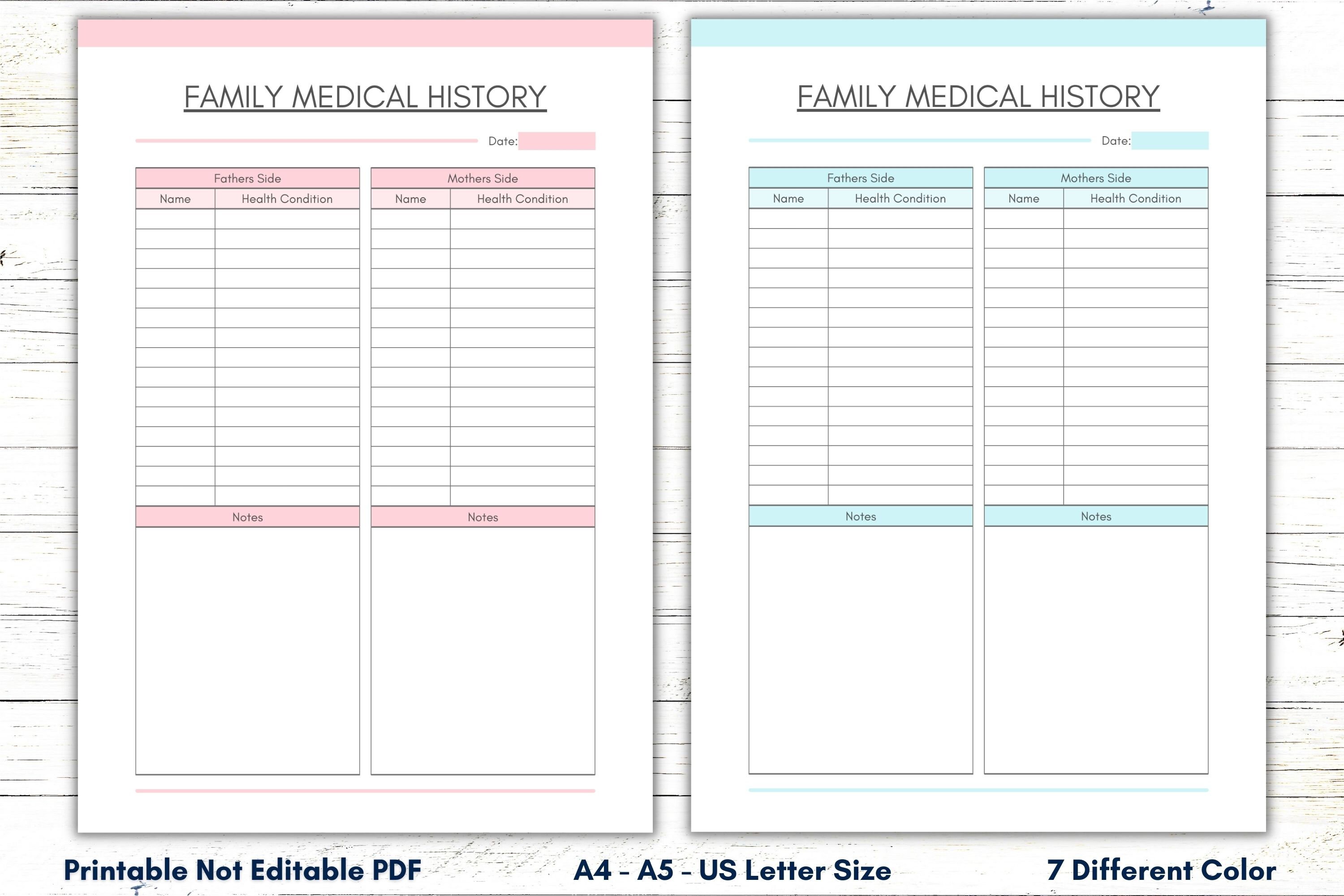Printable Family Medical History Sheet Template, Medical Binder Insert ...