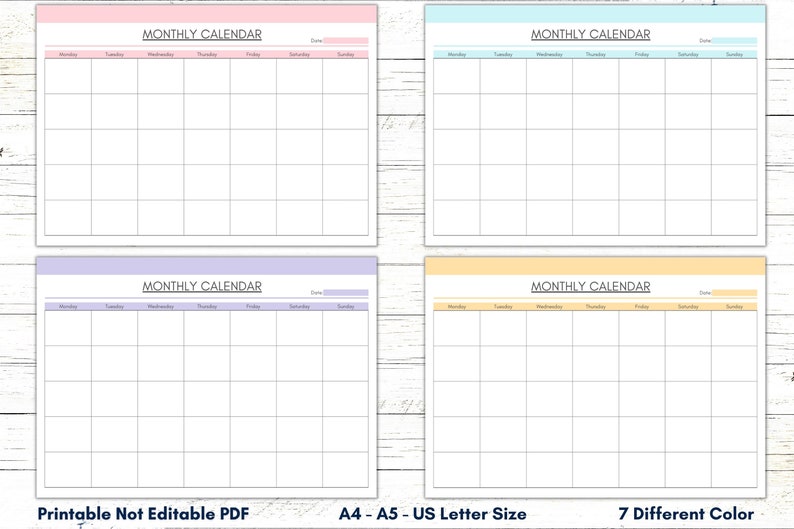 Printable Calendar, Monthly Calendar, Horizontal Calendar, Undated ...