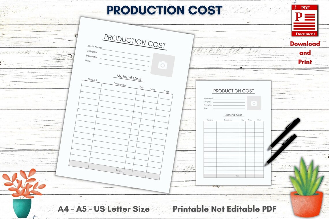 Printable Production Cost Template Printable Material Cost | Etsy