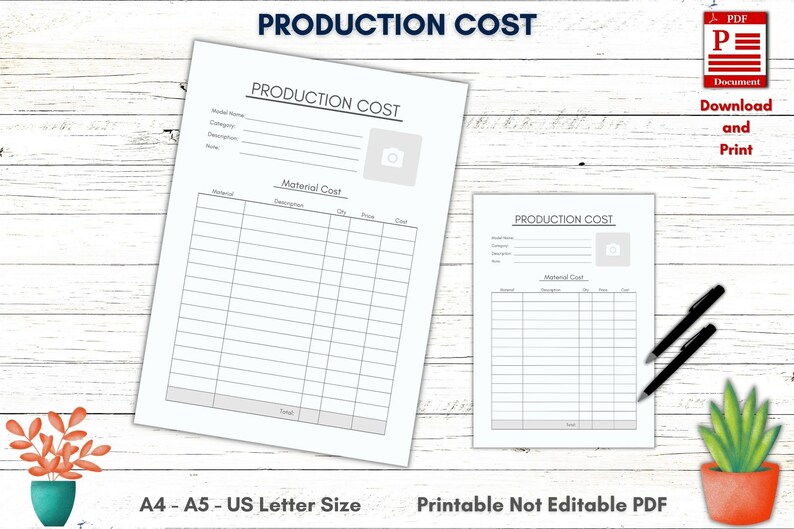 Printable Production Cost Template Printable Material Cost | Etsy