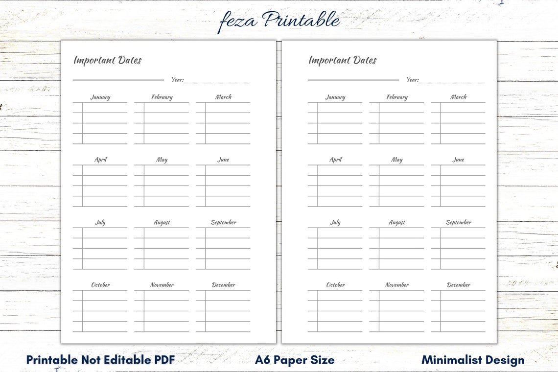 A6 Important Dates Printable, Important Dates Planner, Important Dates ...