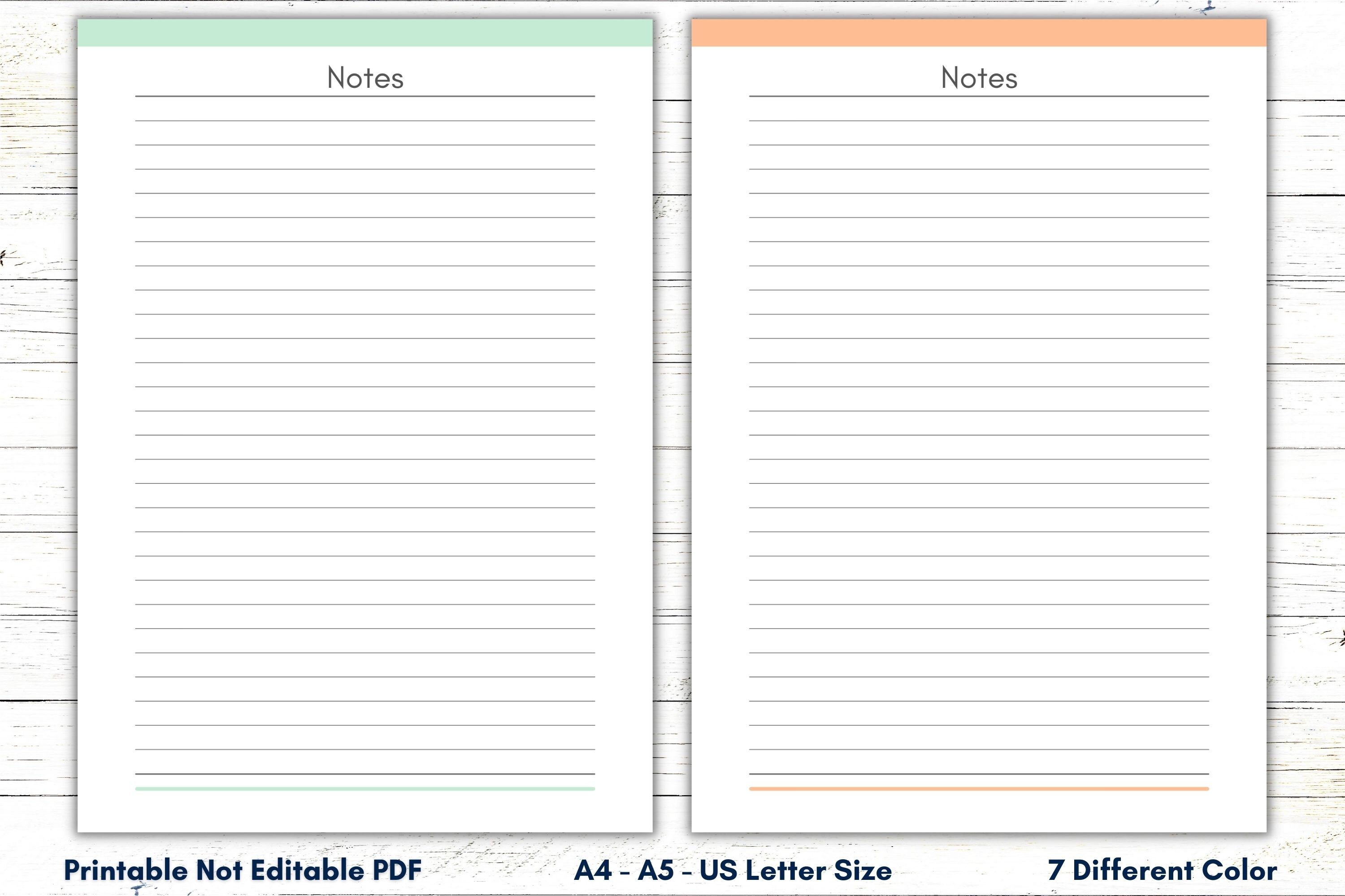 Printable Lined Notes Pages Template, Colored Lined Notes Sheet, Note ...