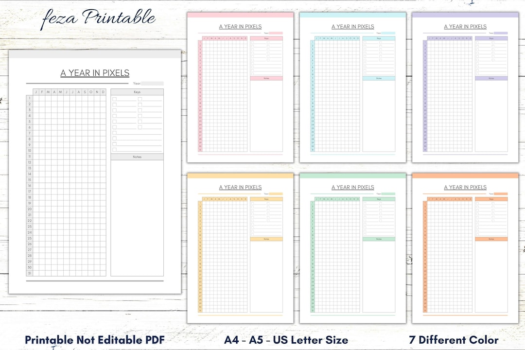 A Year in Pixels Template Printable, Bullet Journal, Mental Health ...