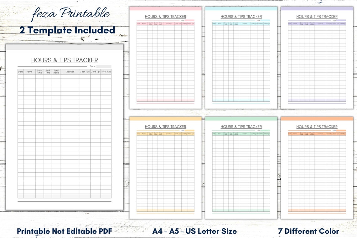 Printable Hours and Tips Tracker, Cash Tips Tracker, Card Tips Tracker ...