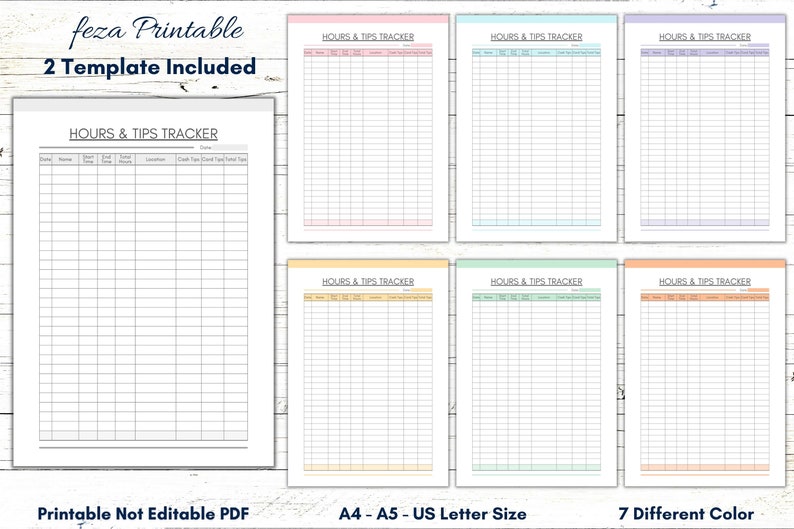 Printable Hours and Tips Tracker, Cash Tips Tracker, Card Tips Tracker ...
