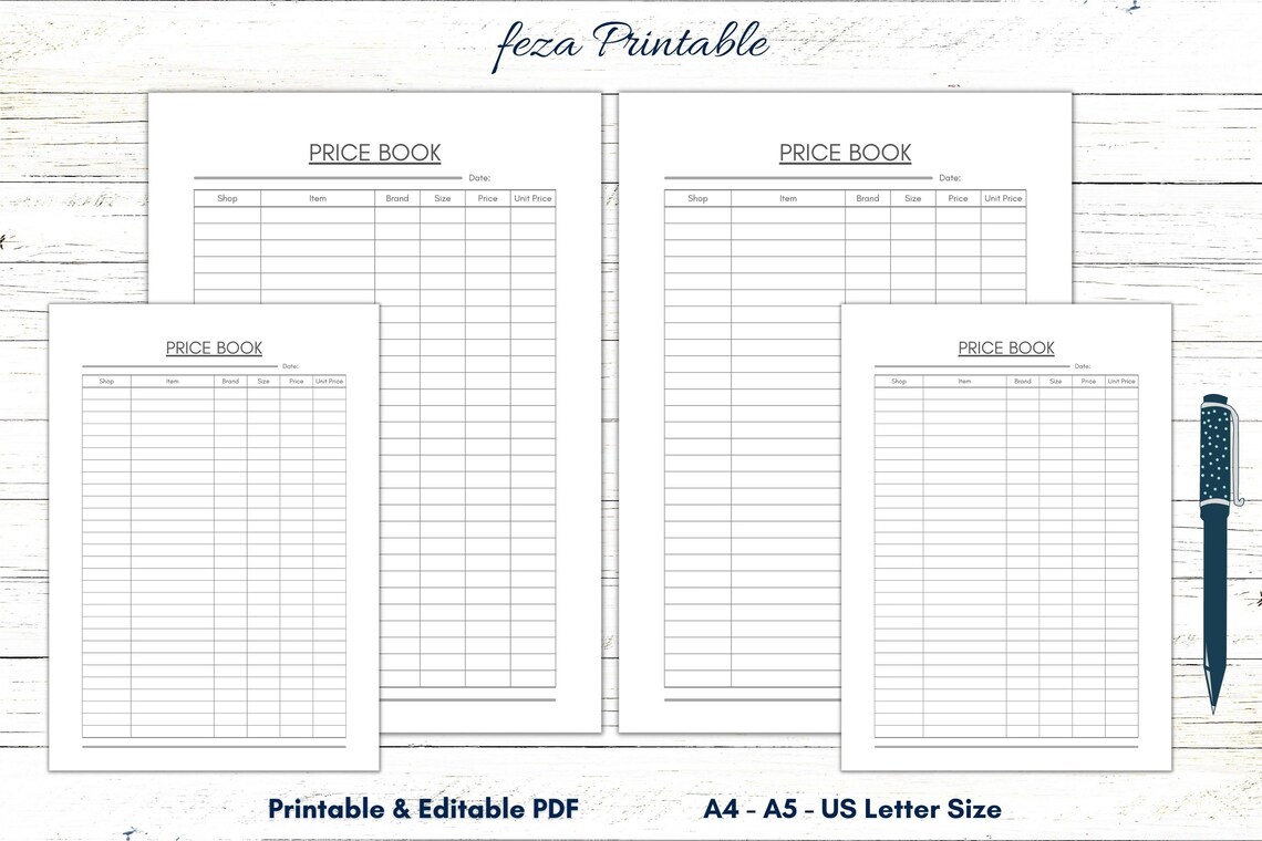 Price Book Template Printable, Price List Editable Fillable, Price ...