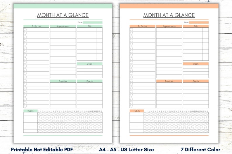 Printable One Line A Day and Month at A Glance Template, PDF Monthly ...