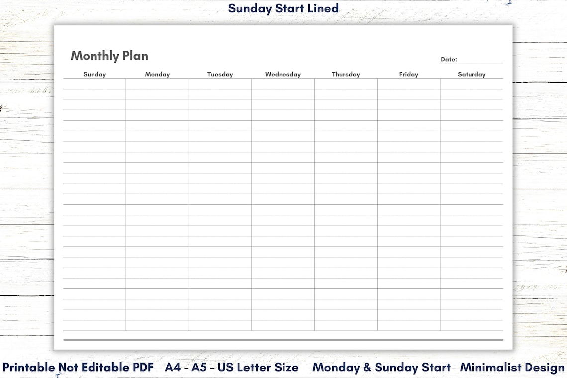 Undated Calendar Printable, Undated Monthly Calendar, Lined Calendar ...