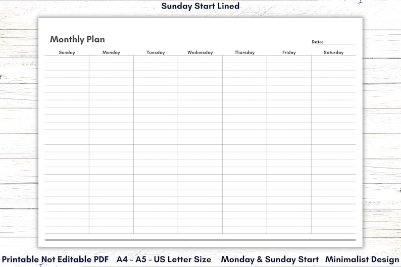 Undated Calendar Printable, Undated Monthly Calendar, Lined Calendar ...