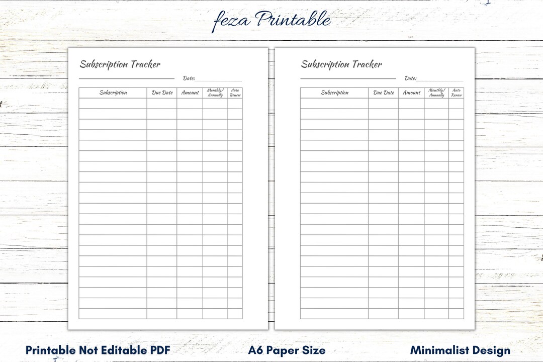 A6 Subscription Tracker Printable, Subscription Template, Subscription ...