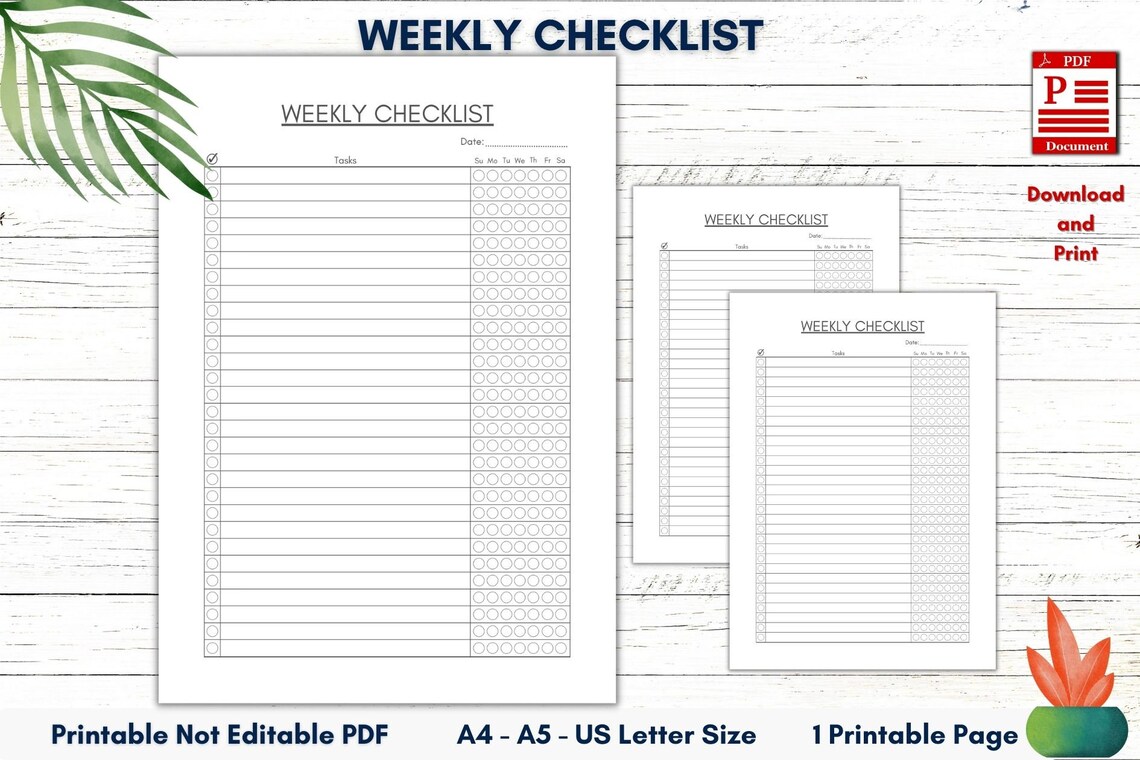 Printable Weekly Checklist Weekly Tasks List Weekly | Etsy