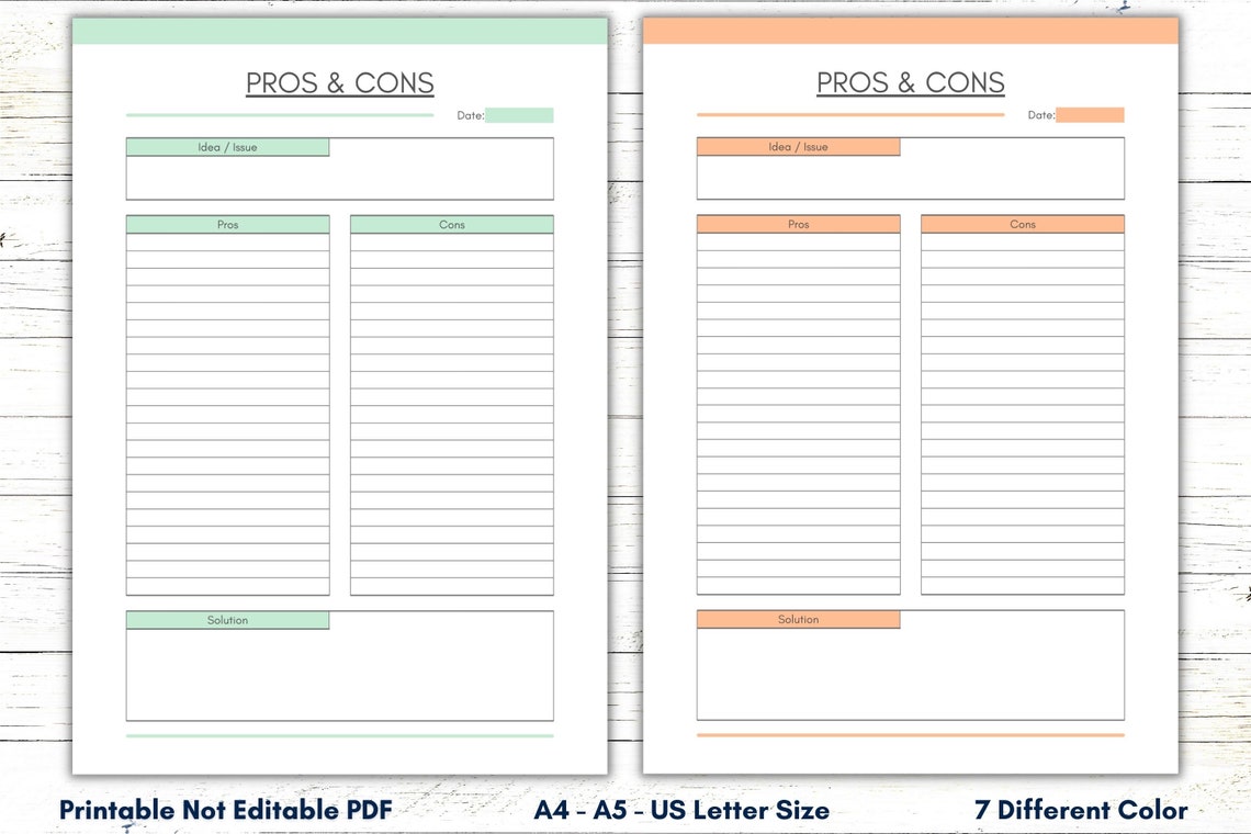 Printable Pros and Cons List, Idea Issue Planner Template, Problem ...