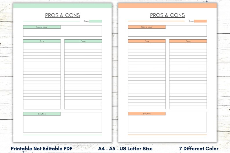 Printable Pros and Cons List, Idea Issue Planner Template, Problem ...