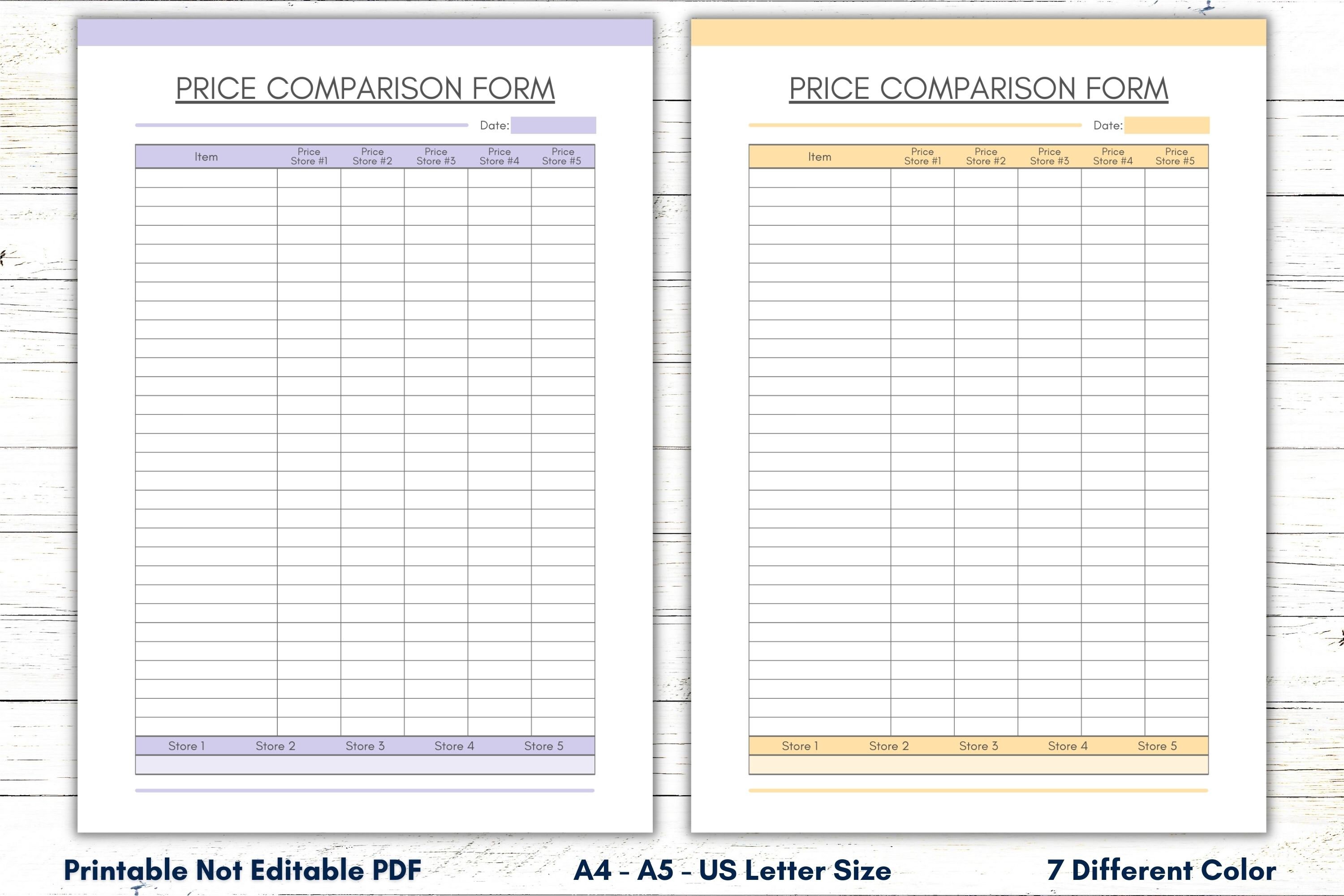 Printable Price Comparison Template, Grocery Price Comparison Form ...