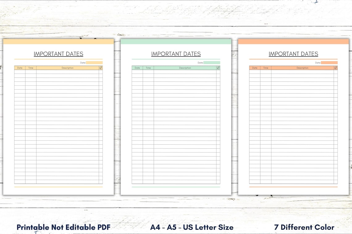 Printable Important Dates Sheet, PDF Important Dates Tracker, PDF Dates ...